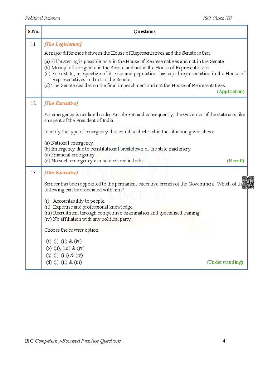 ISC Competency Based Questions Political Science | Class 12 Competency ...