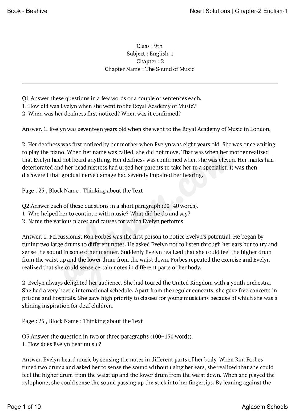 NCERT Solutions Class 9 English Beehive Chapter 2 The Sound Of Music 
