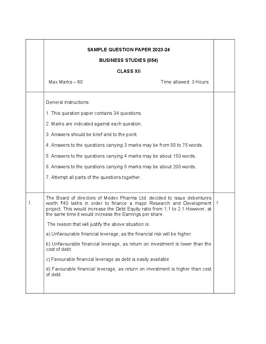 CBSE Class 12 Business Studies Sample Paper 2024 PDF With Solutions