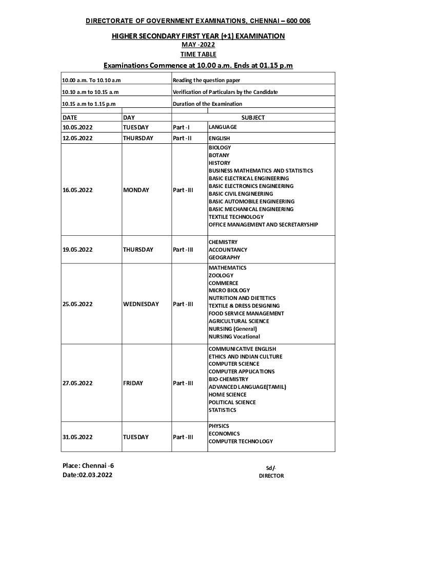 Tamil Nadu 11th Time Table 2022 (Theory Exam from 10 - 31 May) | Check ...