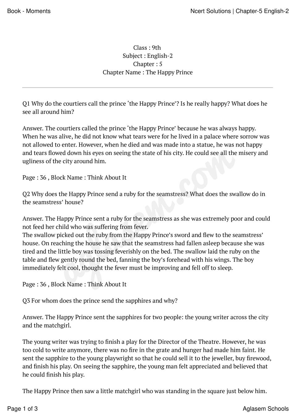 NCERT Solutions For Class 9 English Chapter 5 The Happy Prince PDF NCERT Solutions For Class 9 English Chapter 5 The Happy Prince PDF