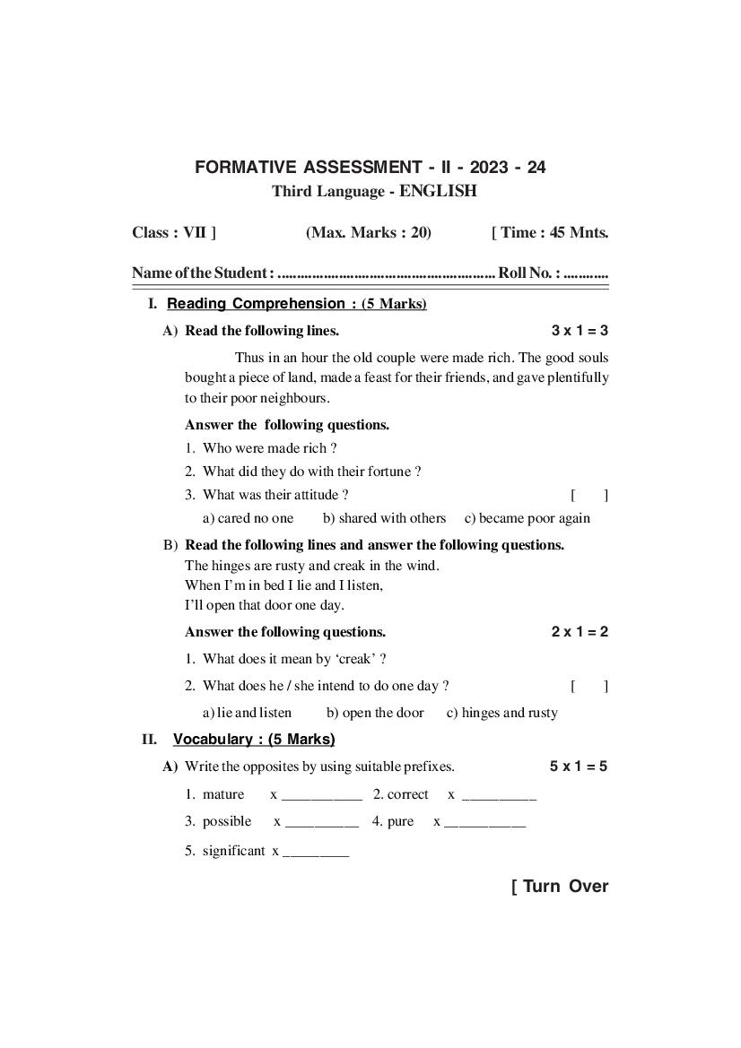 AP 7th Class FA2 English Question Paper 2024 | Download AP FA2 Question Paper PDF Here - AglaSem