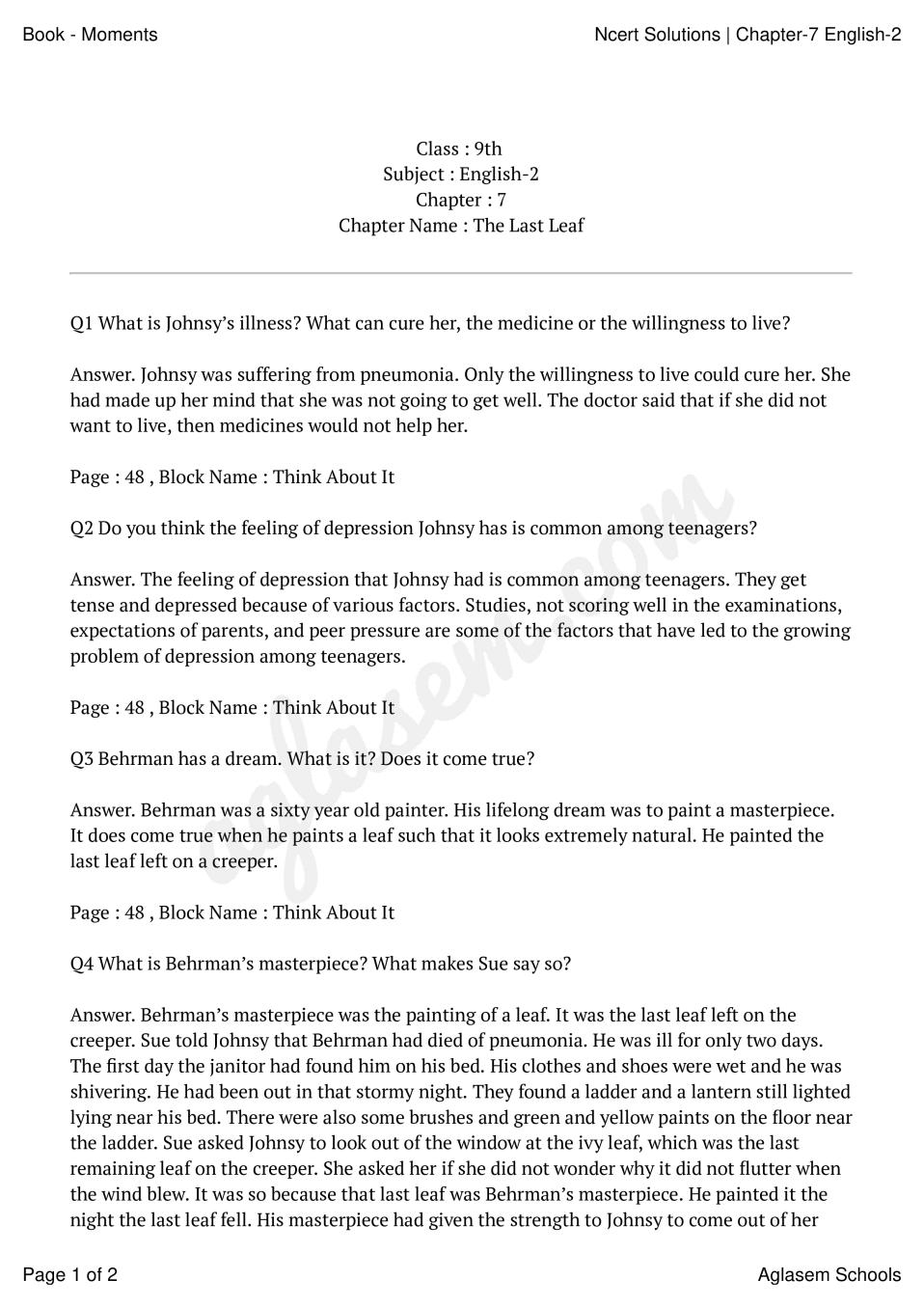 NCERT Solutions 2025 Class 9 English Chapter 7 The Last Leaf Question NCERT Solutions 2025 Class 9 English Chapter 7 The Last Leaf Question