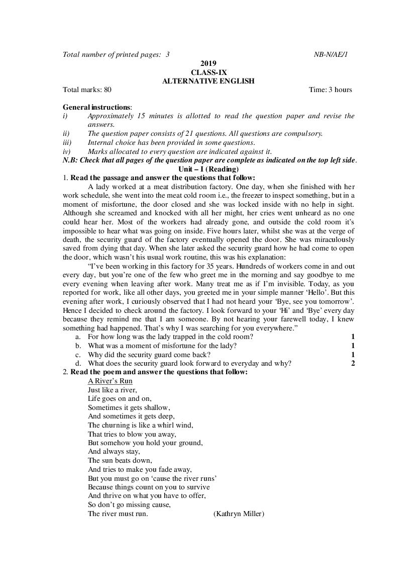 NBSE Class 9 Question Paper 2019 English Alternative