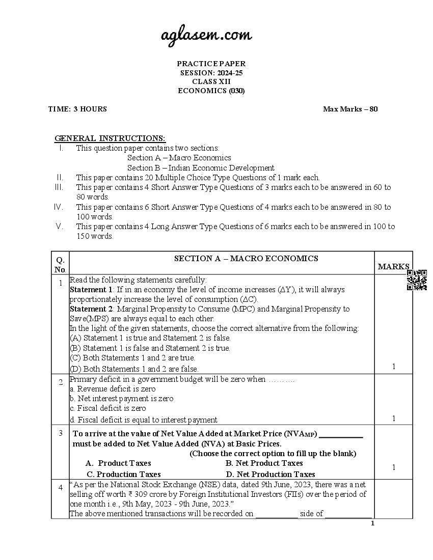 Class 12 Economics Sample Paper 2025 PDF - Latest Practice Model ...