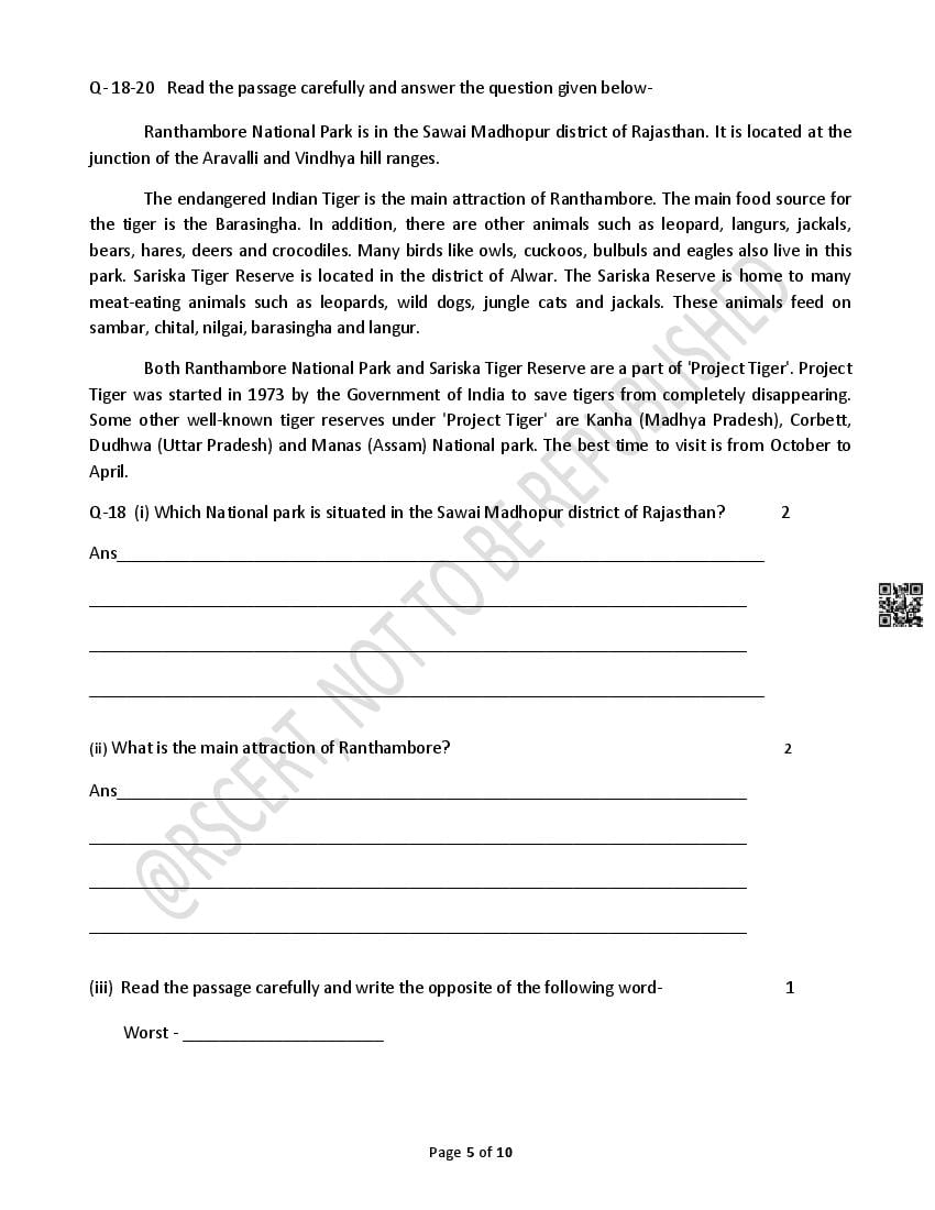 RBSE Class 5 English Model Paper 2026 (PDF) - Rajasthan Board 5th ...