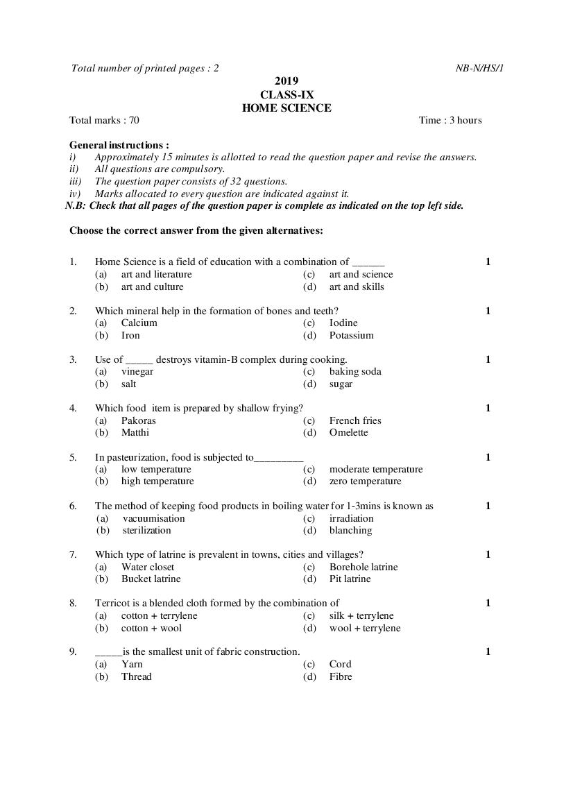 NBSE Class 9 Question Paper 2019 Home Science NBSE Class 9 Question Paper 2019 Home Science