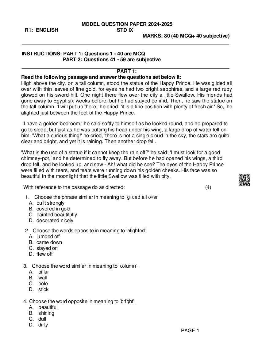 Goa Board Class 9 English Model Question Paper 2025 (PDF) - AglaSem