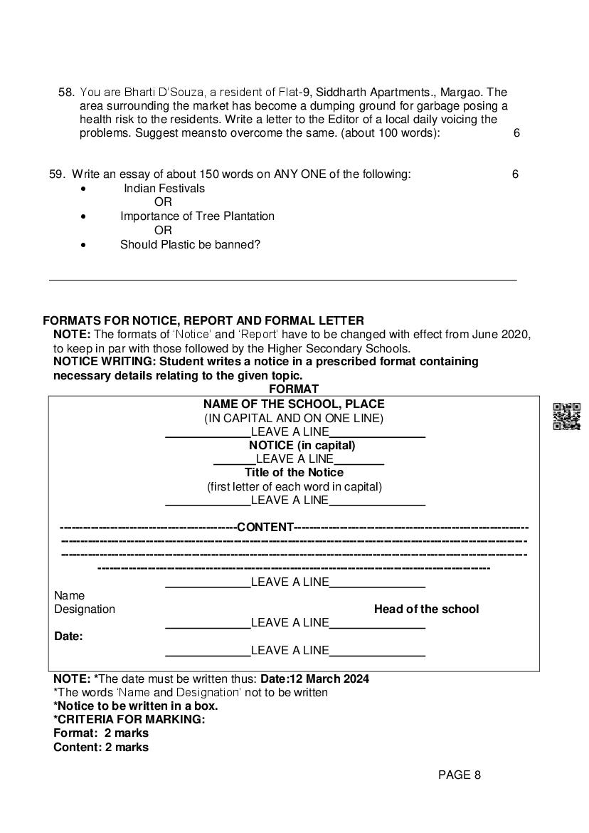 Goa Board Class 9 English Model Question Paper 2025 (PDF) - AglaSem