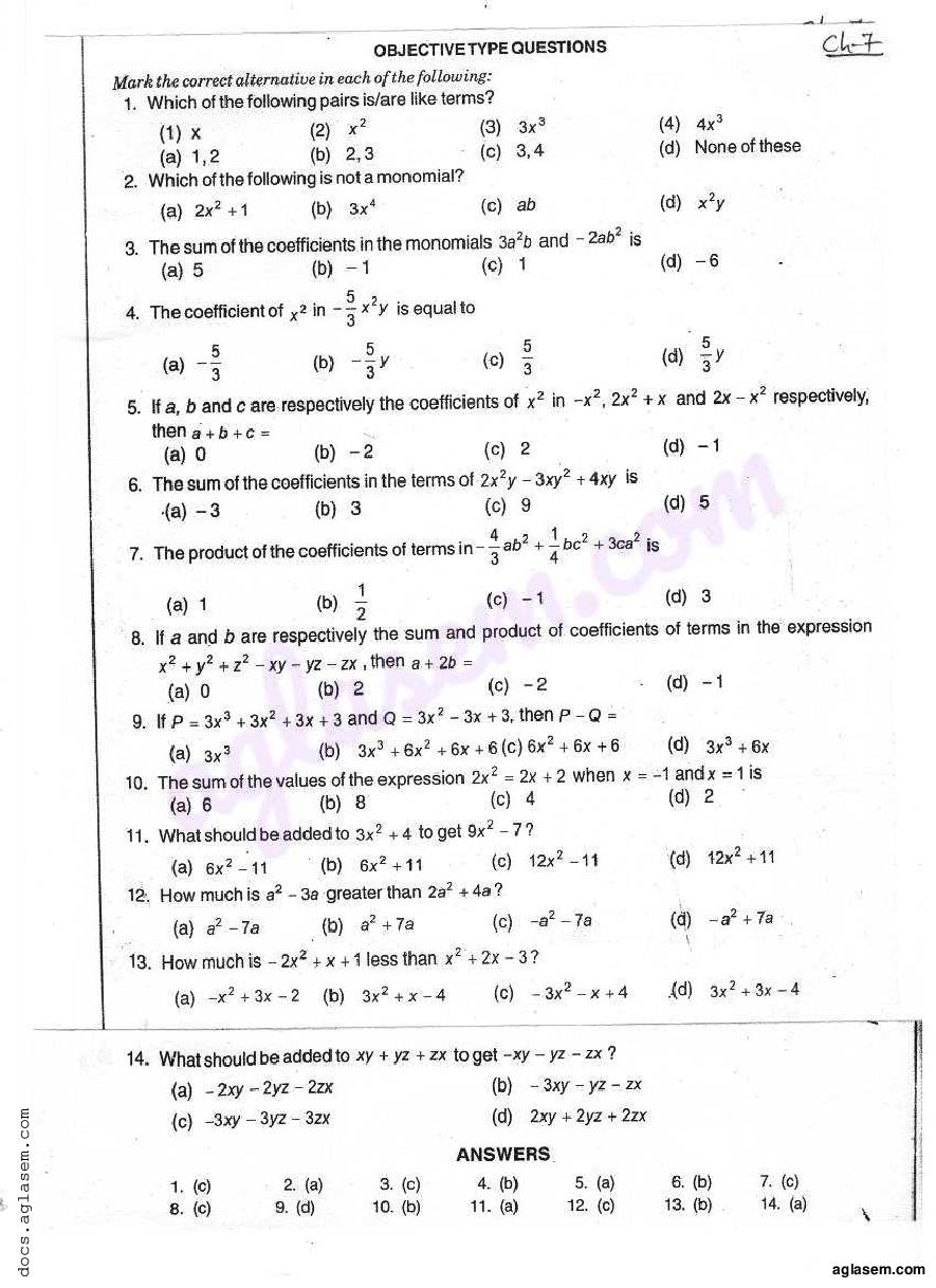 RD Sharma Solutions Class 7 Chapter 7 Algebraic Expressions MCQ