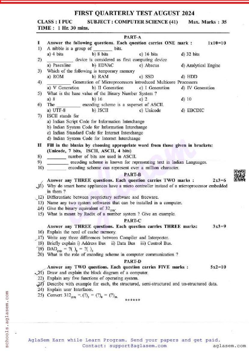 Karnataka 1st PUC Quarterly Exam Computer Science Question Paper 2024 ...