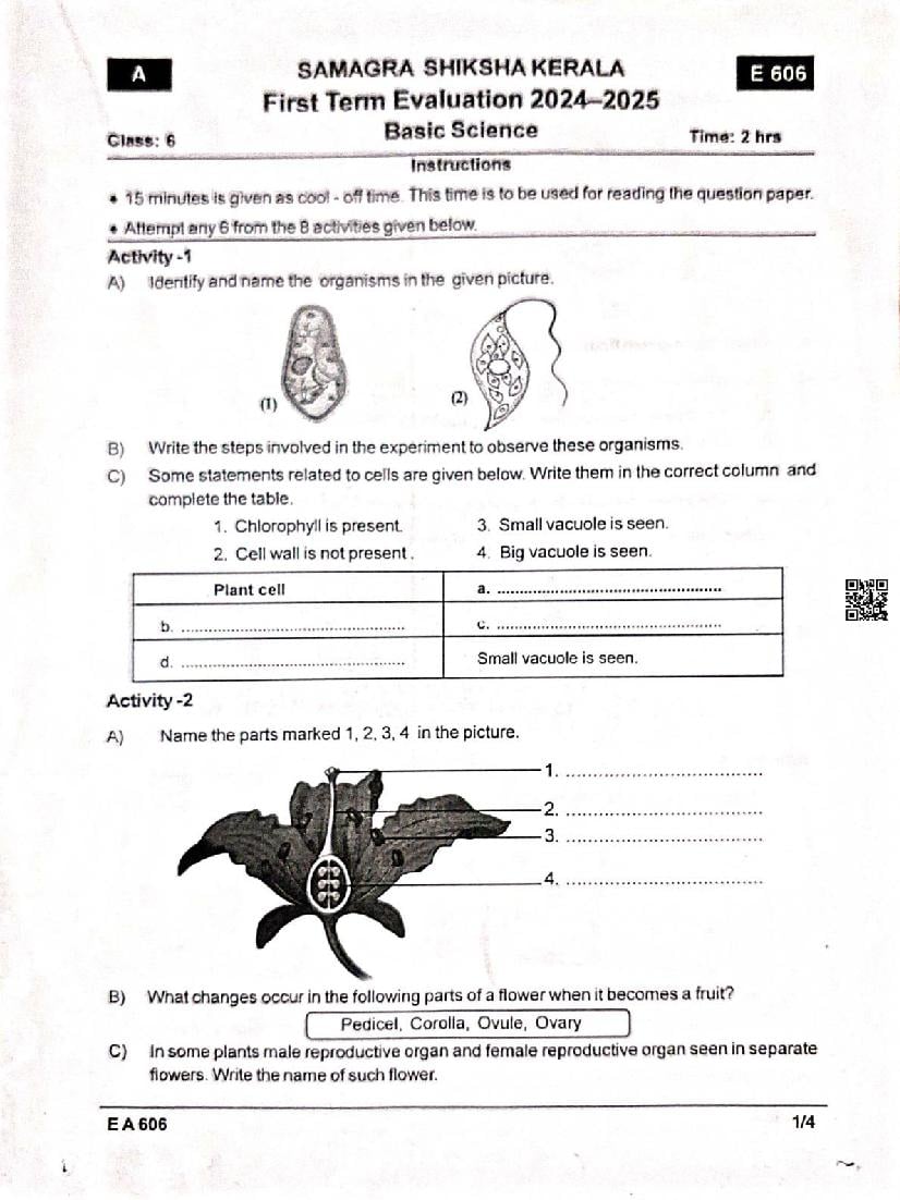Class 6 Basic Science Onam Exam Question Paper 2024-25 | Kerala Std 6 First Term Basic Science ...