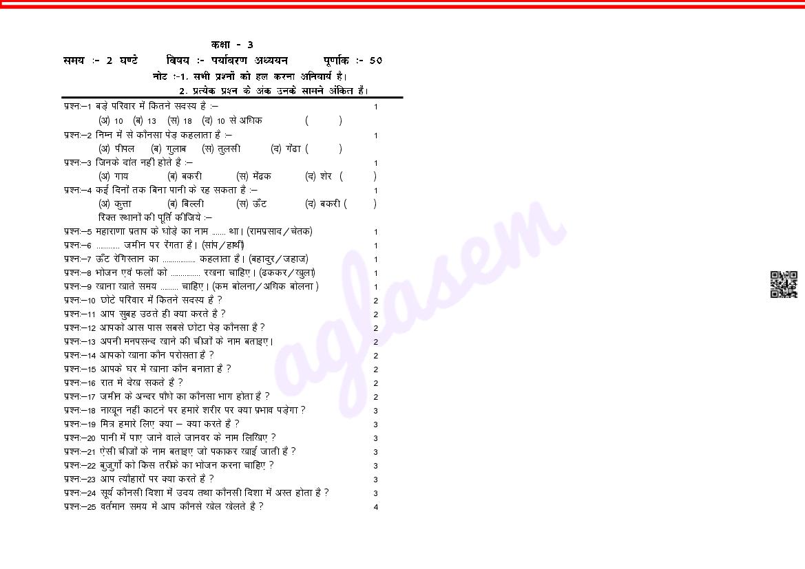 RBSE Class 3rd EVS Half Yearly Paper 2024 (PDF) - Download Rajasthan Board Class 3 Half Yearly ...
