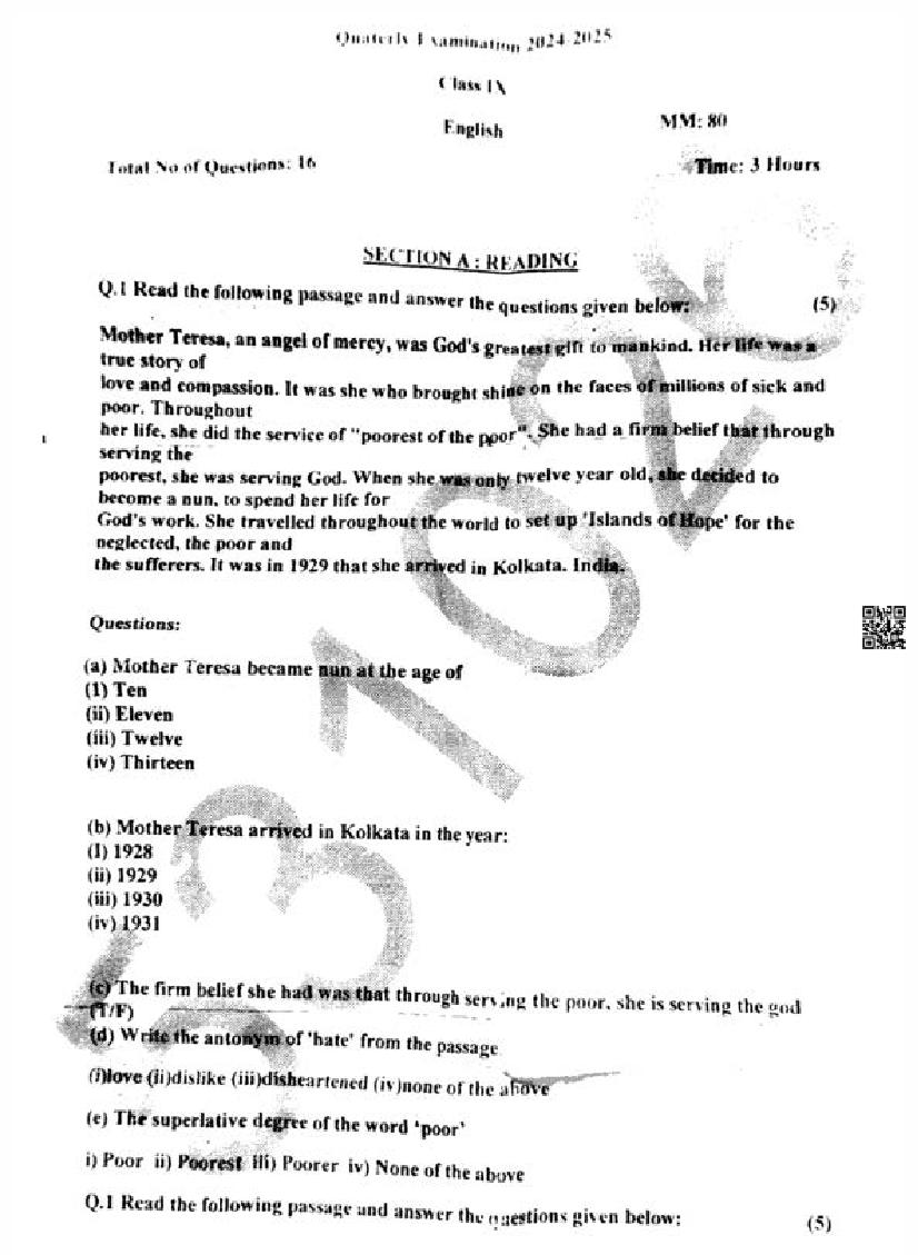 MP Board Class 9th English Trimasik Paper 2024-2025 (PDF) - AglaSem