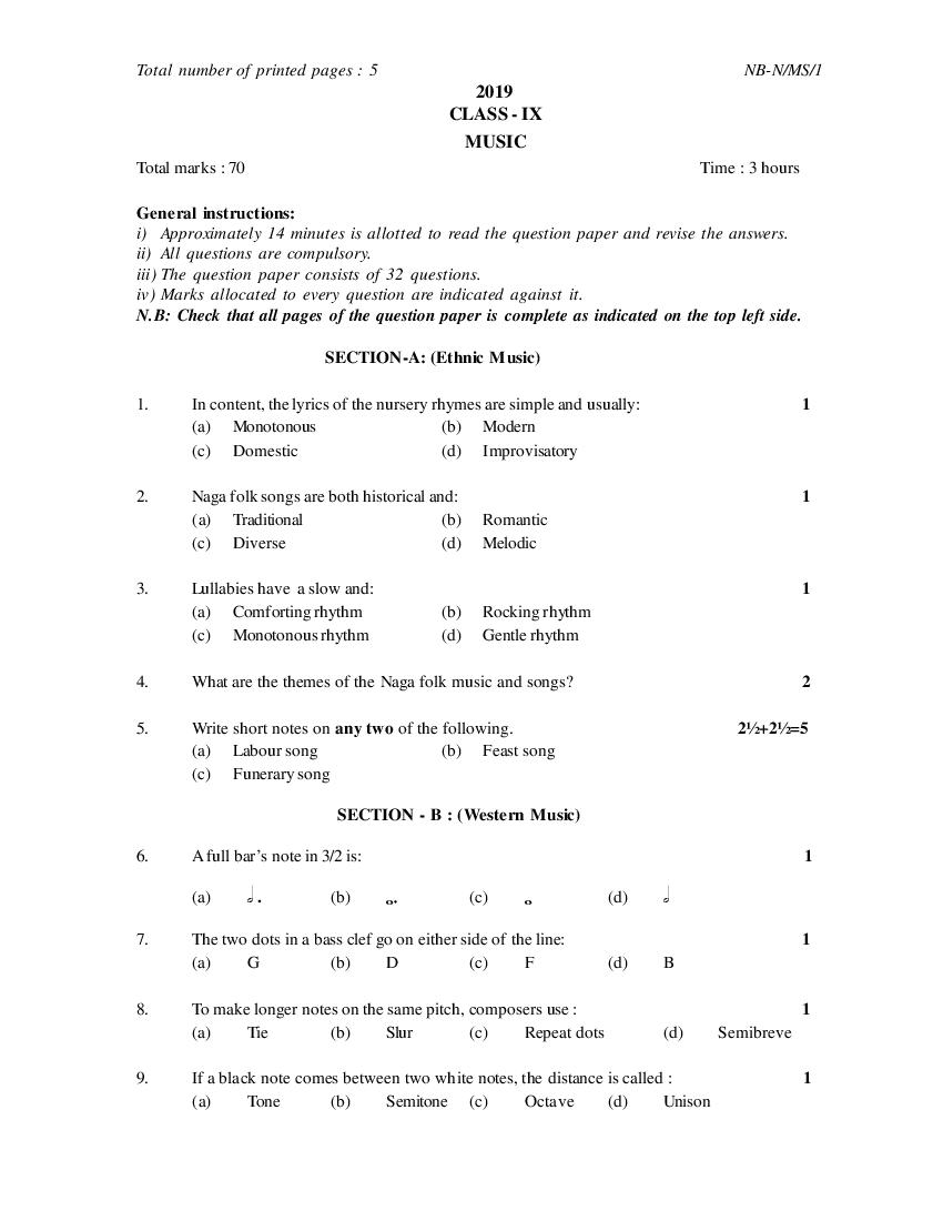 NBSE Class 9 Question Paper 2019 Music NBSE Class 9 Question Paper 2019 Music