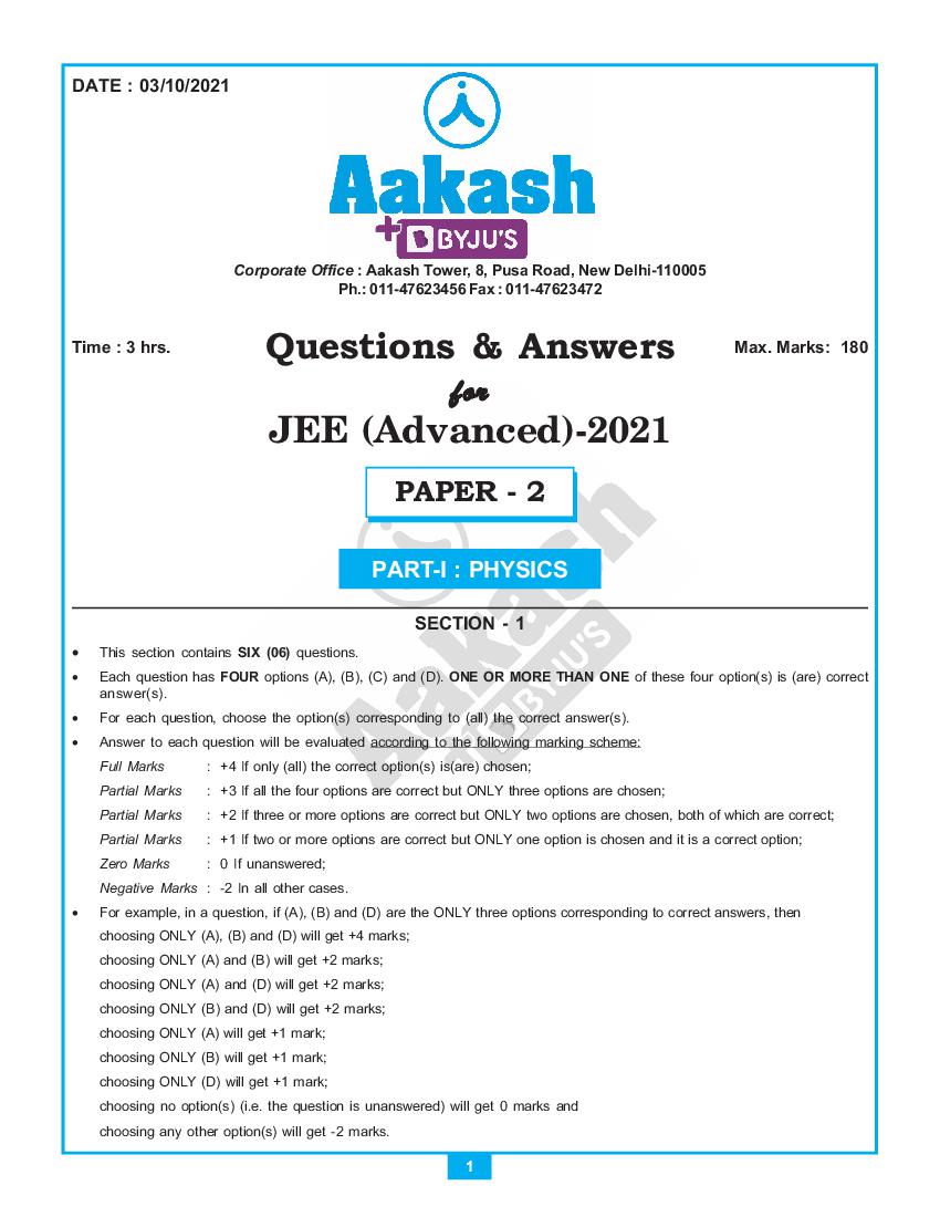 JEE Advanced 2021 Answer Key For Paper 2 By Aakash jee-advanced-2021-answer-key-for-paper-2-by-aakash