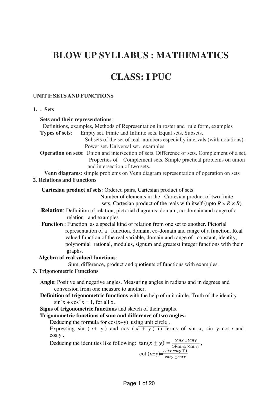 1st PUC Syllabus For Mathematics 1st PUC Syllabus For Mathematics