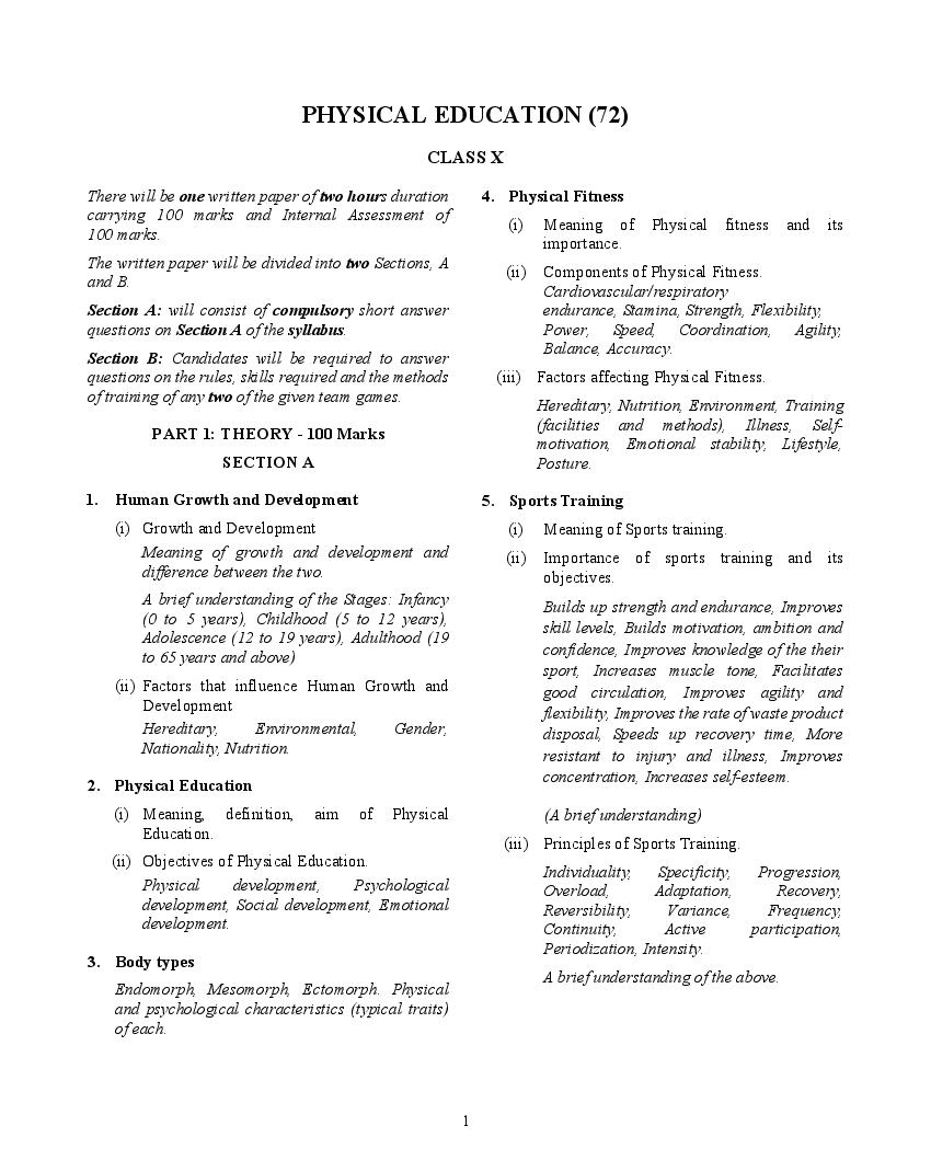 ICSE Class 10 Syllabus 2022 Physical Education ICSE Class 10 Syllabus 2022 Physical Education