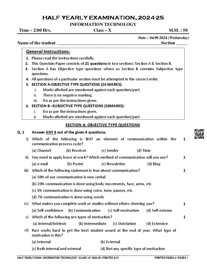 Class 10 Information Technology Half Yearly Question Paper 2025 | Download 10th Half Yearly ...