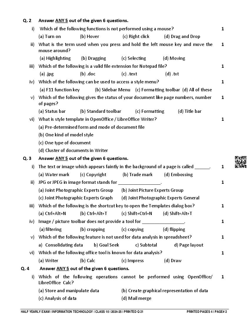 Class 10 Information Technology Half Yearly Question Paper 2025 ...