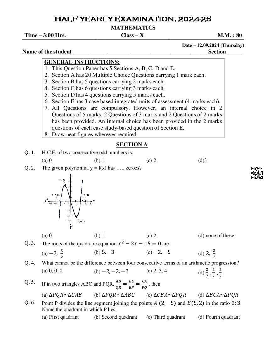 Class 10 Maths Half Yearly Question Paper 2025 | Download 10th Half ...