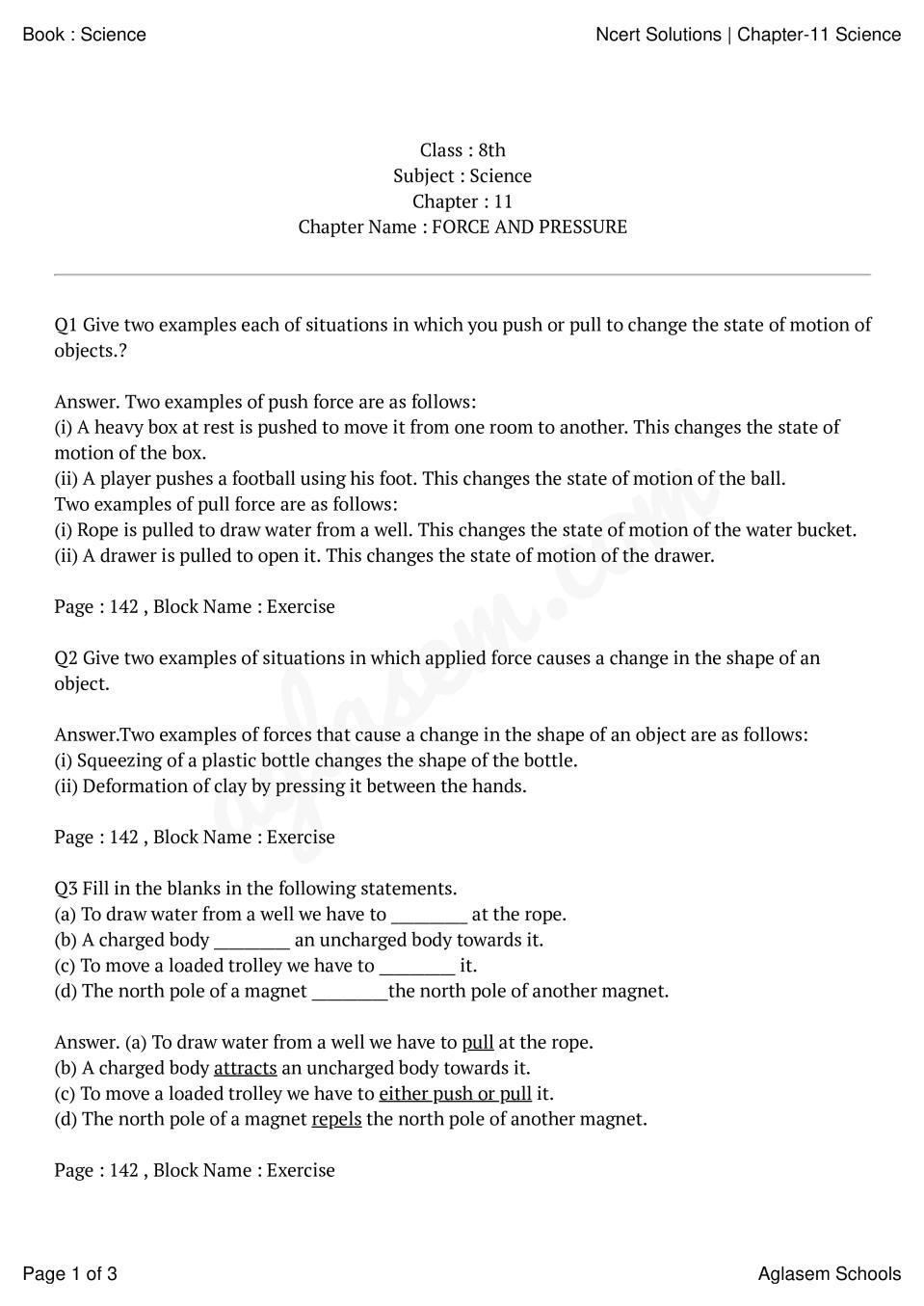 Ncert Solutions Class 8 Science Chapter 11 Force And Pressure