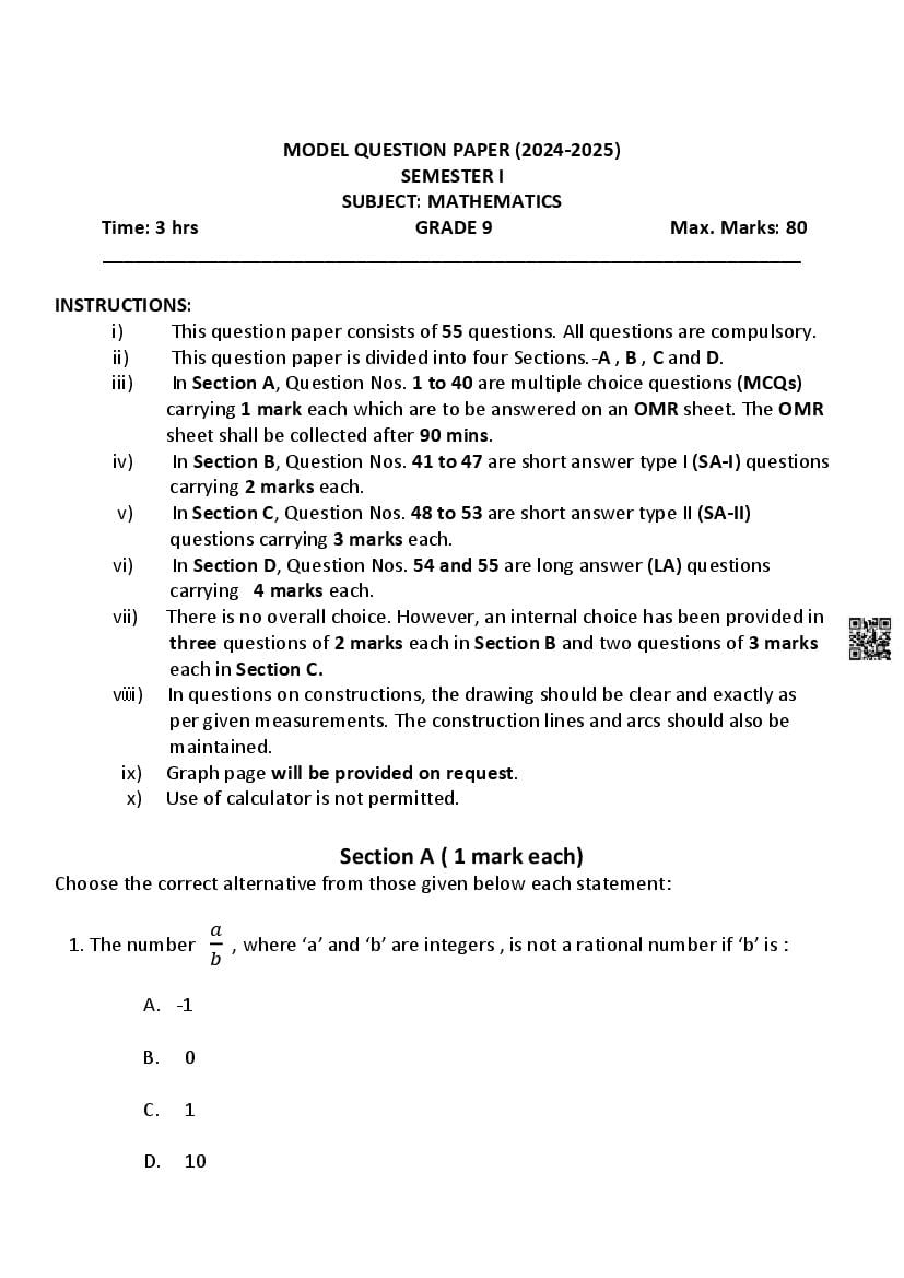 Goa Board Class 9 Maths Model Question Paper 2025 (PDF) - AglaSem