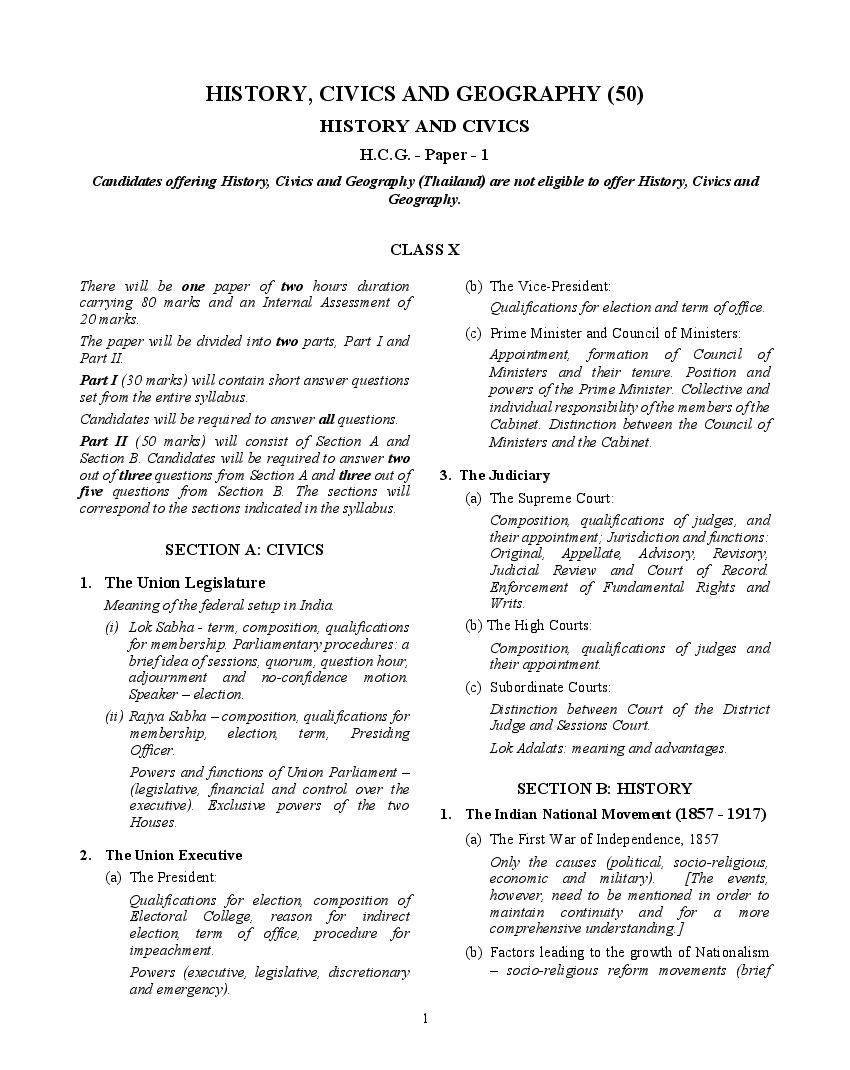 Icse Class 9 History And Civics Syllabus 2020 2021 Examinations Icse Class 9 History And Civics Syllabus 2020 2021 Examinations