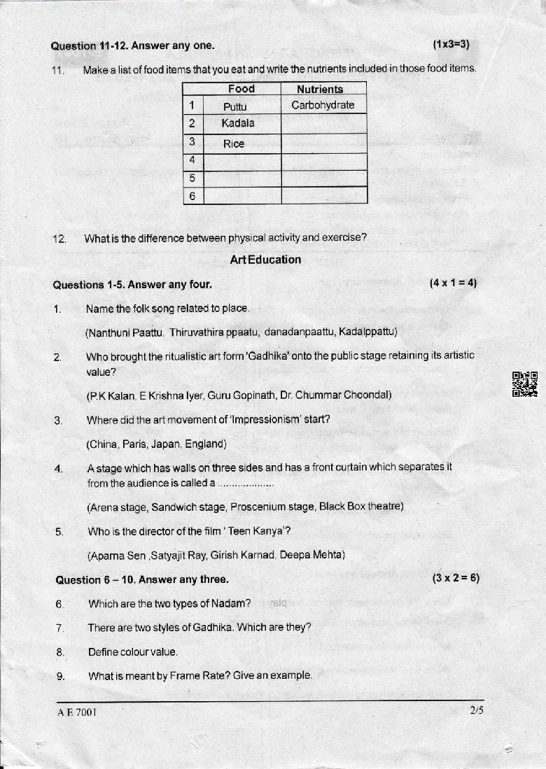 Class 7 Health & Physical Education, Art, Work Education Onam Exam Question Paper 2024-25 ...