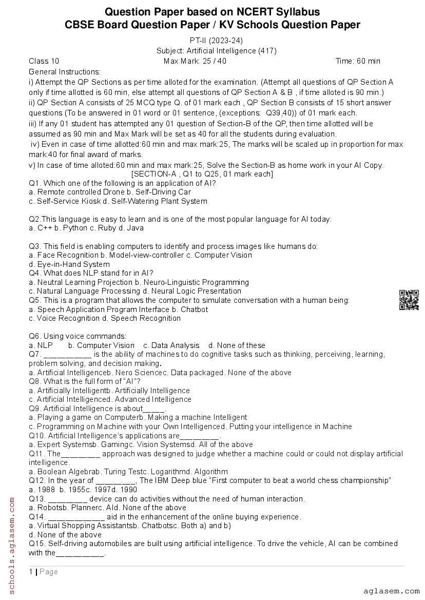 Class 10 PT 2 Question Paper Artificial Intelligence 2023-24 | Download ...