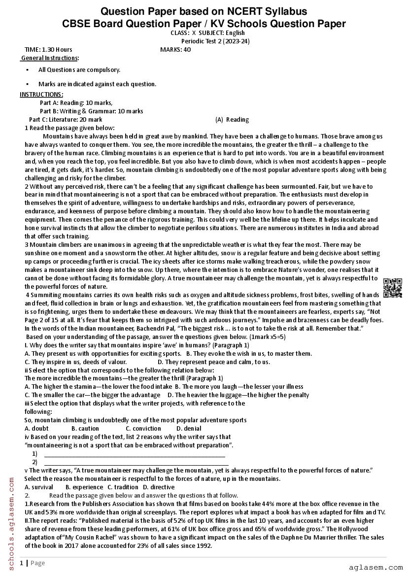 Class 10 PT 2 Question Paper English 2023-24 | Download Periodic Test 2 ...