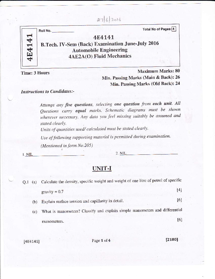 RTU 2016 Question Paper Semester IV Automobile Engineering Fluid Machanics