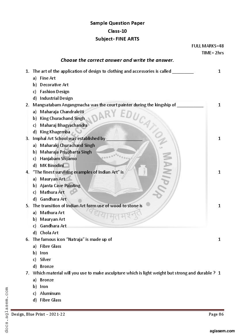 Manipur HSLC Fine Arts Sample Paper 2024 PDF BOSEM 10th Fine Arts