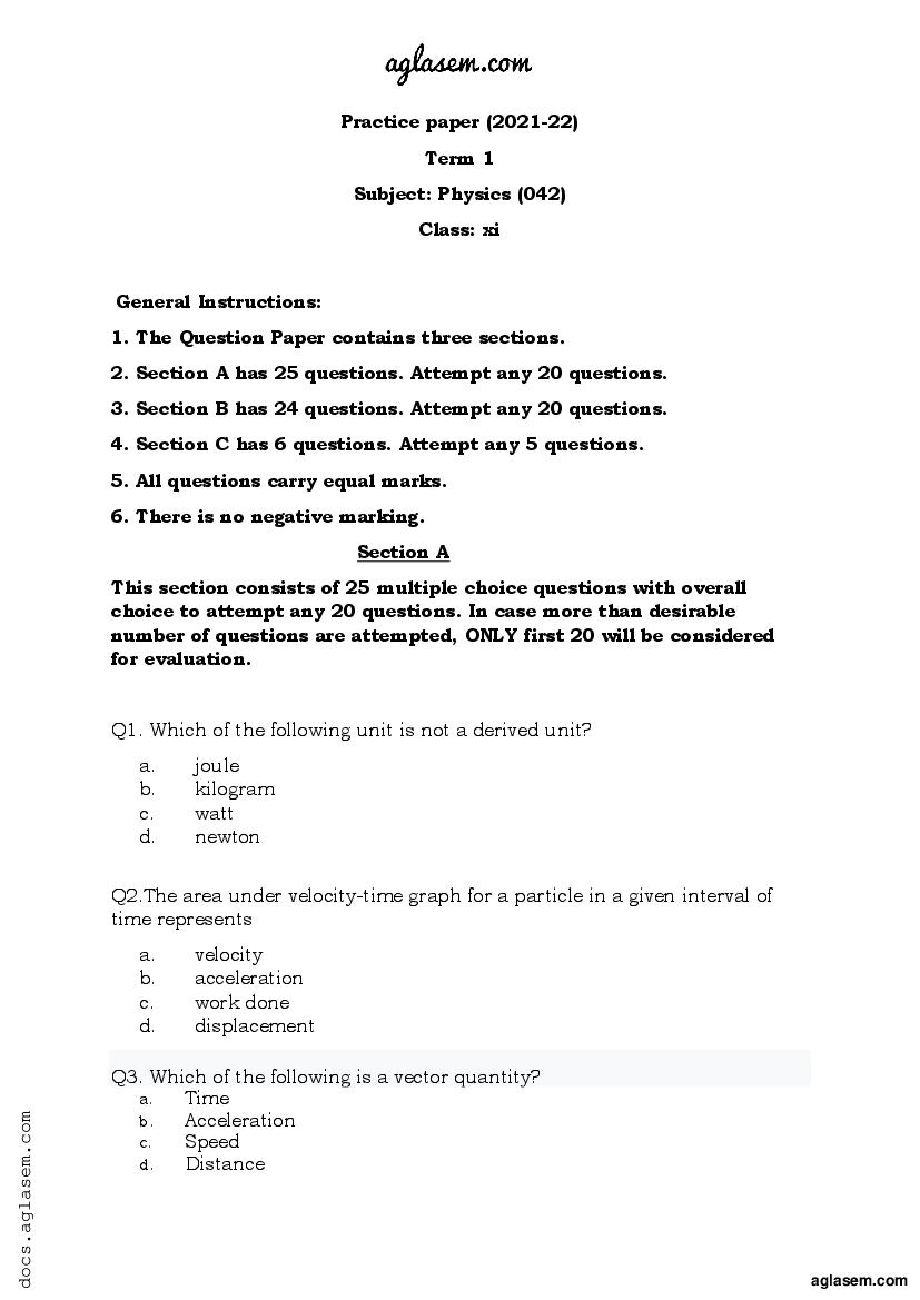 Class 11 Sample Paper 2022 Physics Term 1 With Solution Download PDF Class 11 Sample Paper 2022 Physics Term 1 With Solution Download PDF