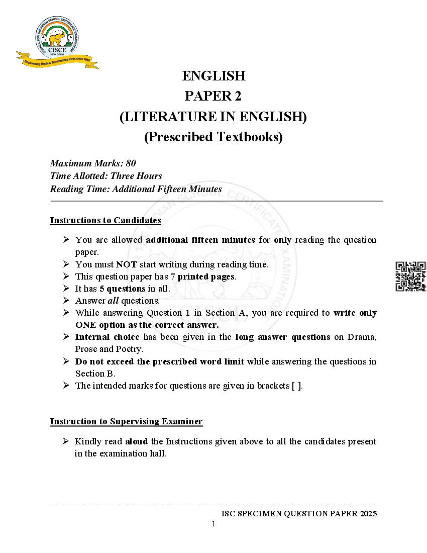 ISC Class 12 English Literature Specimen Paper 2025 PDF ISC Class 12 English Literature Specimen Paper 2025 PDF