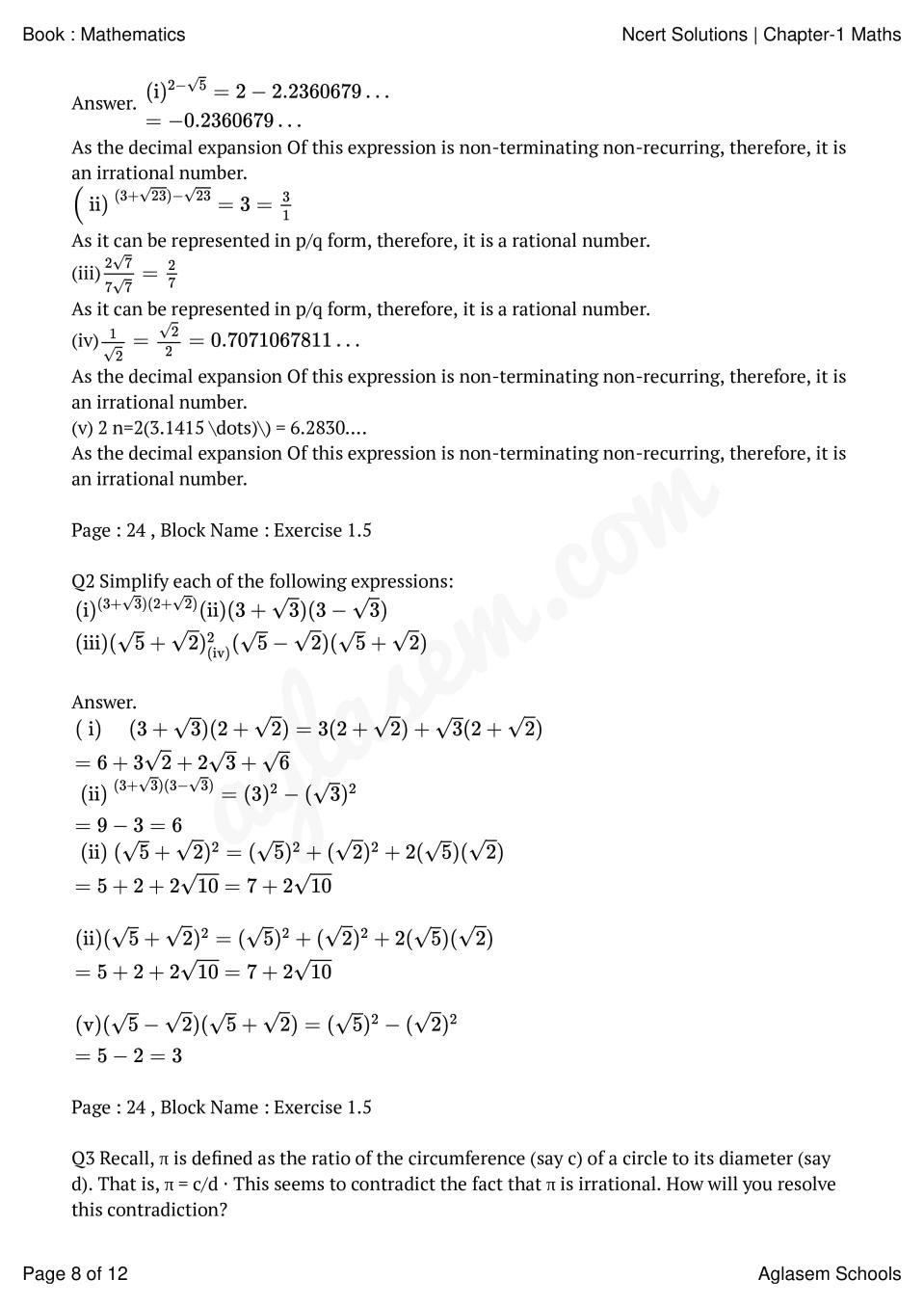 NCERT Solutions For Class 9 Maths Chapter 1 Number Systems PDF 