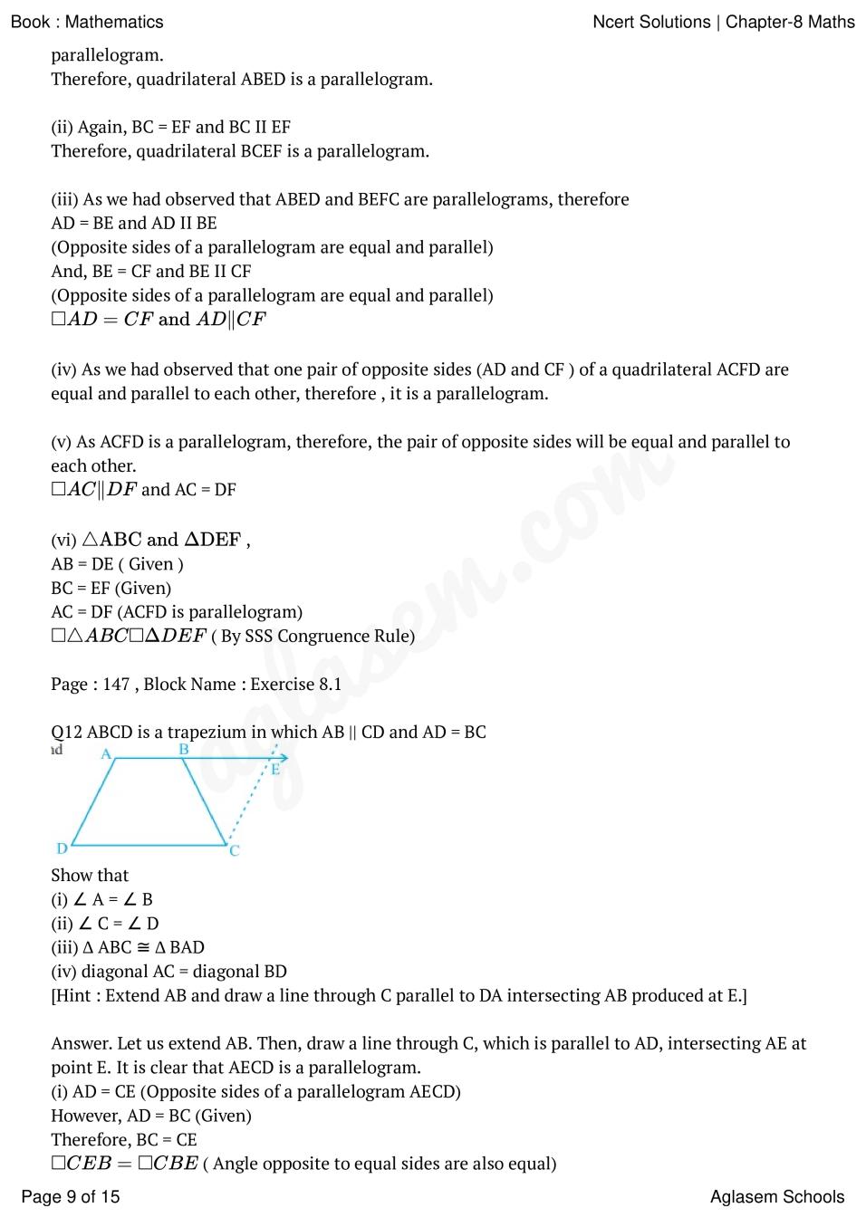 CBSE Class 9 Maths Chapter 8 Quadrilaterals Solutions CBSE Study Group