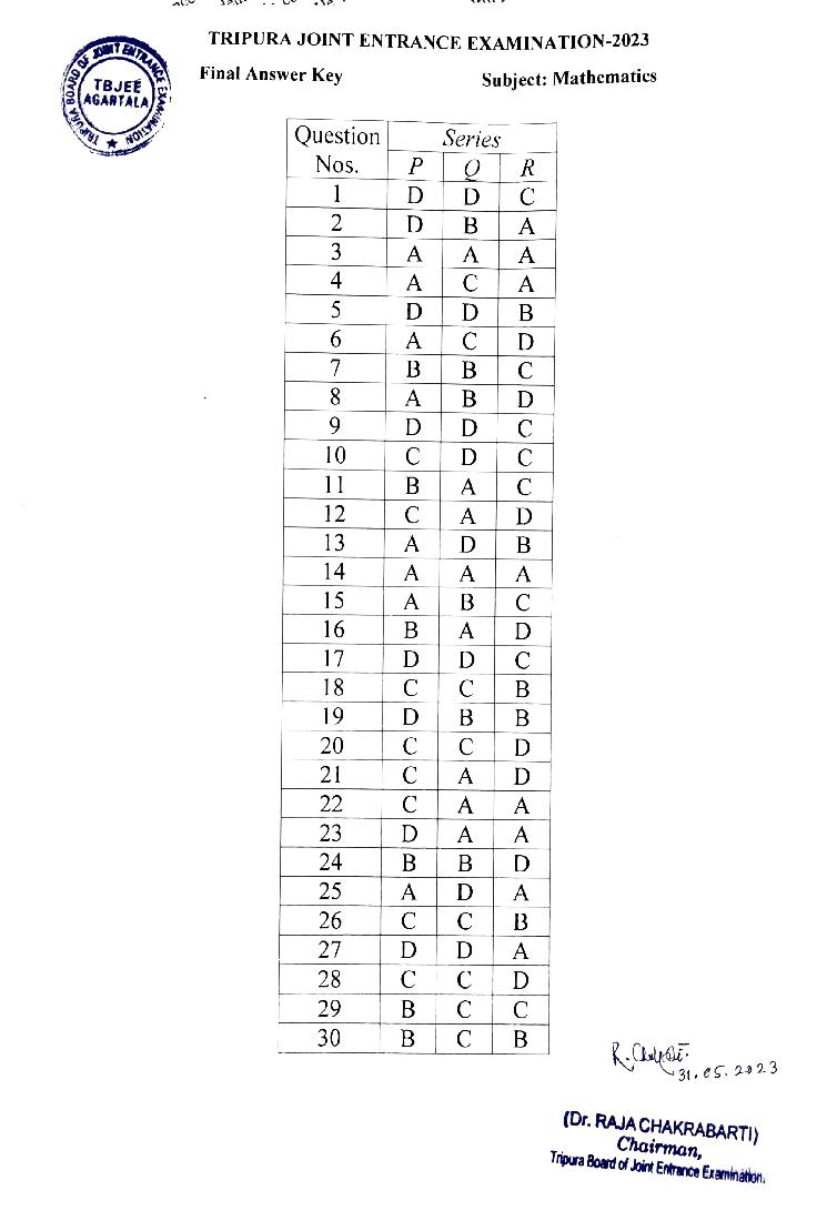 TBJEE 2023 Answer Key (Final) - Physics, Chemistry, Bio, Maths (P/Q/R/S ...