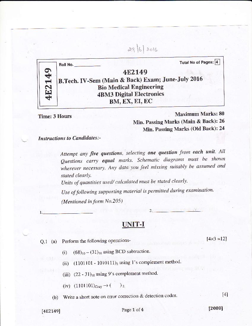 RTU 2016 Question Paper Semester IV Bio Medical Engineering Digital ...