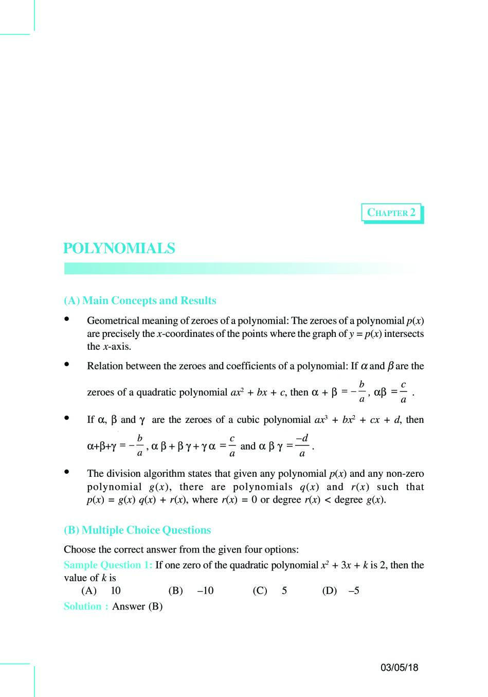 NCERT Exemplar Class 10 Maths Unit 2 Polynomials NCERT Exemplar Class 10 Maths Unit 2 Polynomials