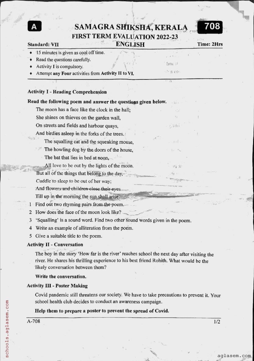 Class 7 English Onam Exam Question Paper 2023 PDF Kerala Std 7