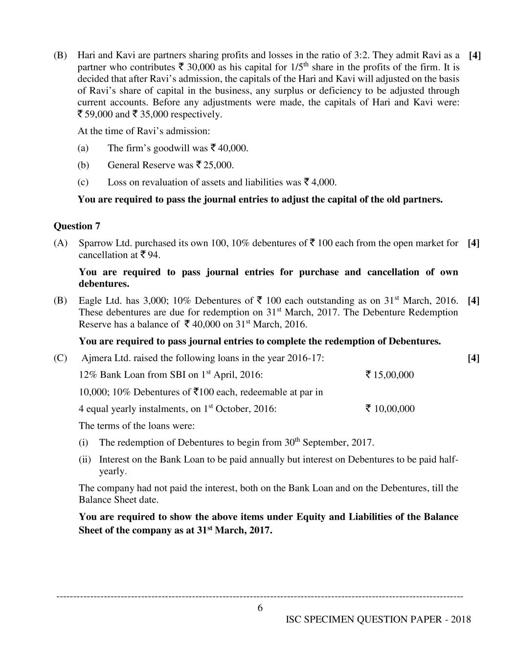 ISC Class 12 Sample Paper 2020 - 2021 : Accounts Specimen Question ...