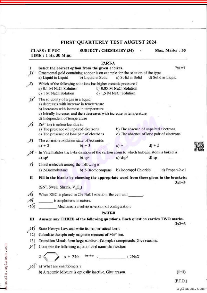 Karnataka 2nd PUC Quarterly Exam Chemistry Question Paper 2024 PDF ...