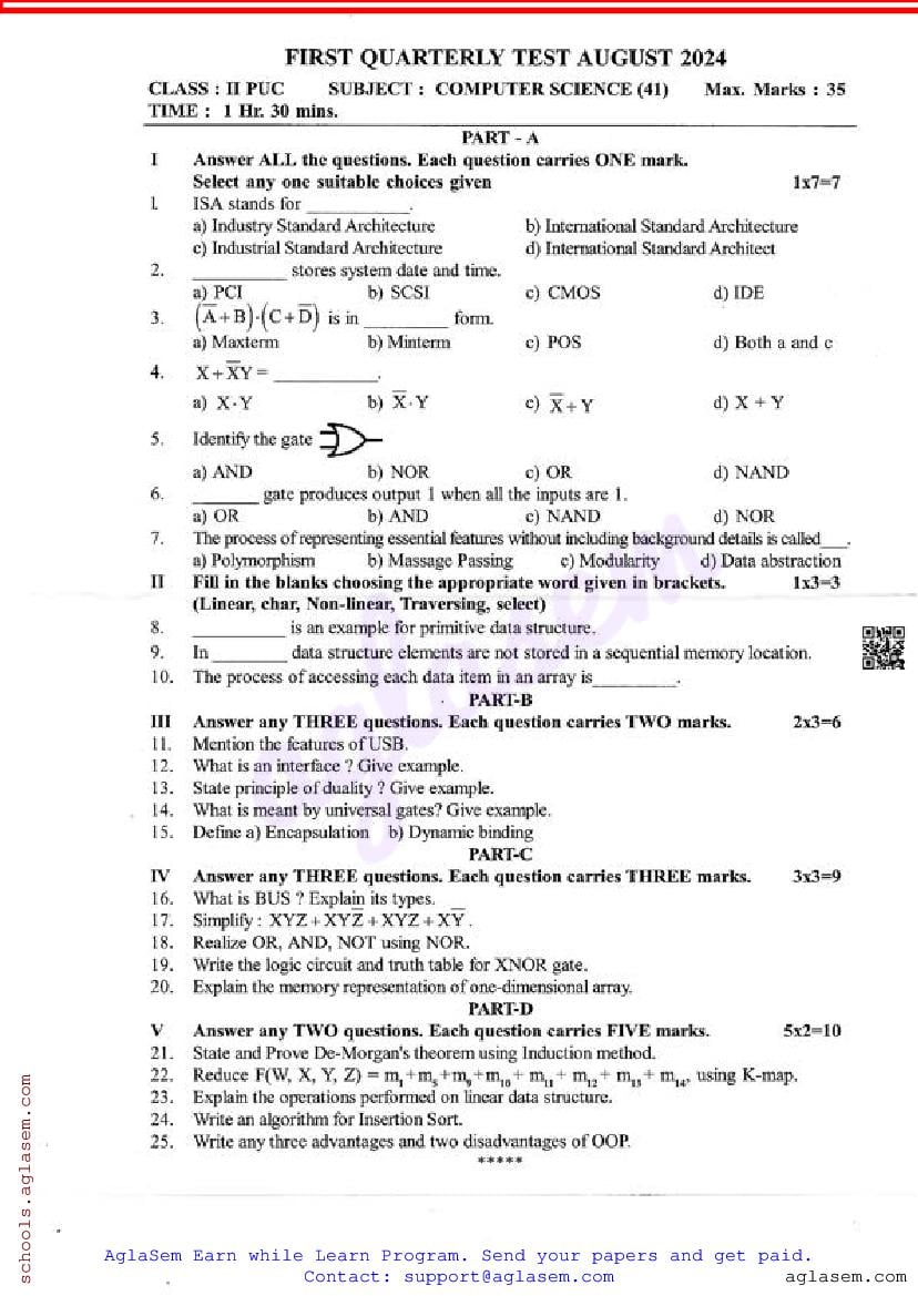 Karnataka 2nd PUC Quarterly Exam Computer Science Question Paper 2024 ...