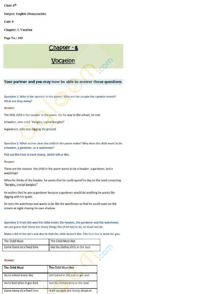 NCERT Solutions For Class 6 English HoneySuckle Vocation Old Book 