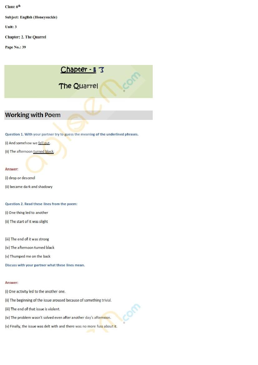 NCERT Solutions For Class 6 English HoneySuckle Chapter 3 The Quarrel
