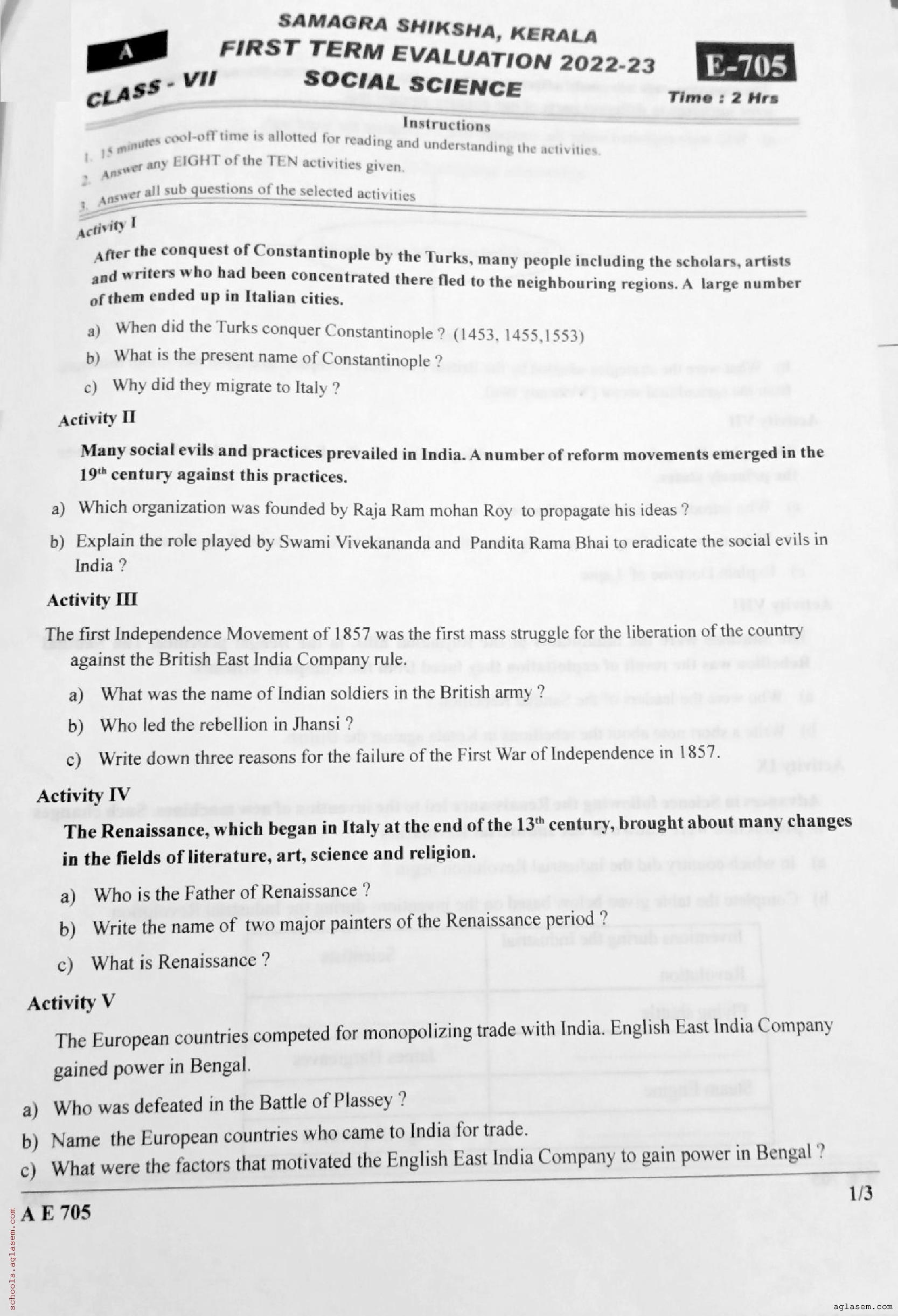 Class 7 Social Science Onam Exam Question Paper 2023 PDF Kerala Std
