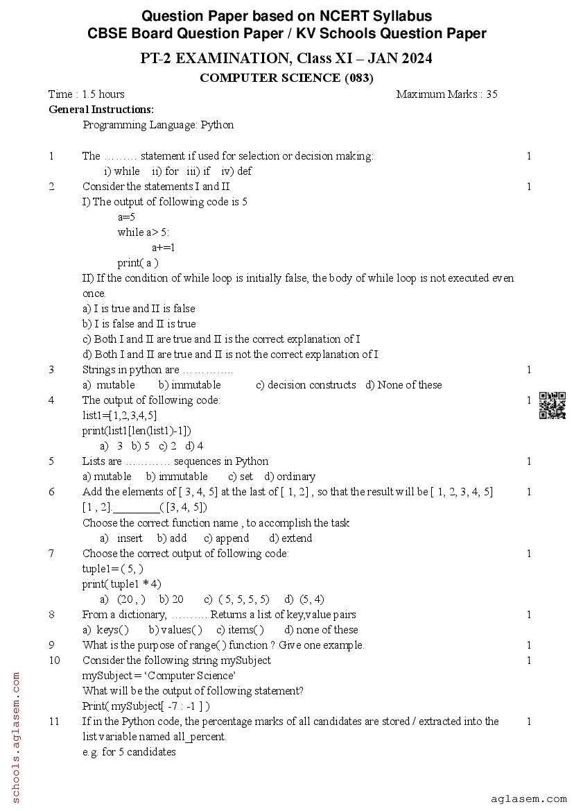 Class 11 PT 2 Question Paper Computer Science 2023-24 | Download ...