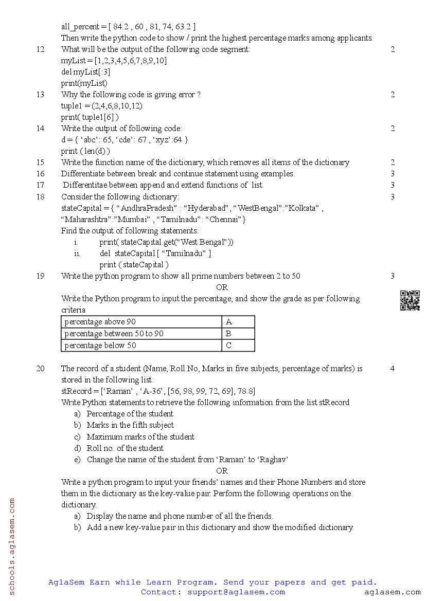 Class 11 PT 2 Question Paper Computer Science 2023-24 | Download ...