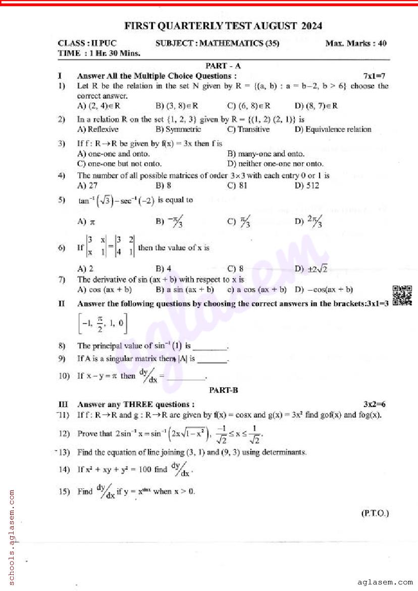 Karnataka 2nd PUC Quarterly Exam Maths Question Paper 2024 PDF ...